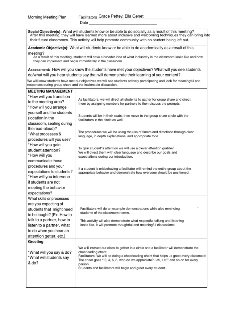 Morning Meeting Lesson Plan | PDF | Behavioural Sciences | Education Theory