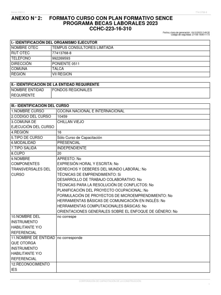 Anexo #2: Formato Curso Con Plan Formativo Sence Programa Becas Laborales 2023 CCHC-223-16-310 ...