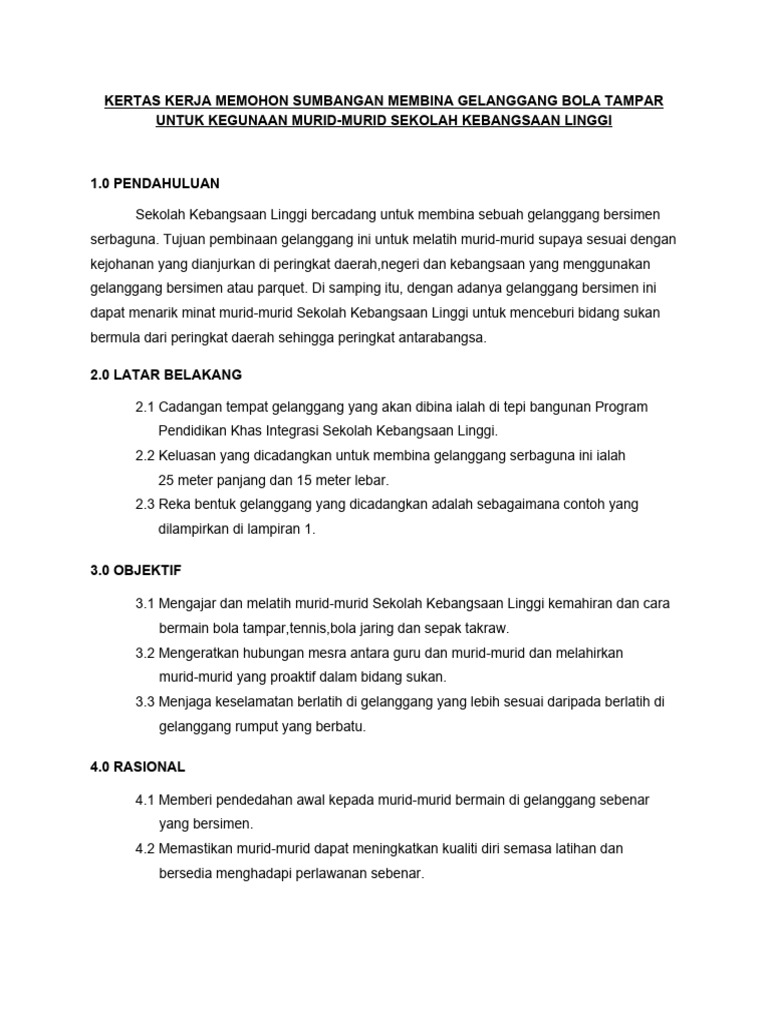 Kertas Kerja Memohon Sumbangan Membina Gelanggang Bola Tampar Untuk ...