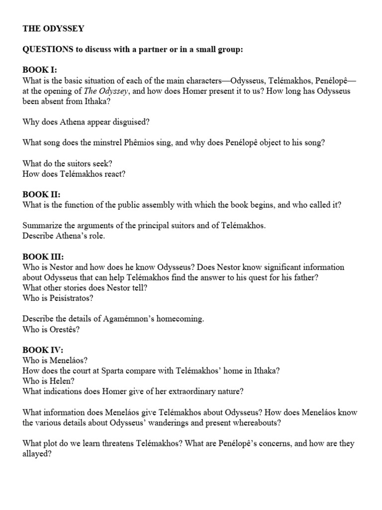 THE ODYSSEY 1 - 4 Summary Questions | PDF | General Fiction