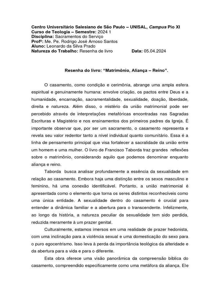 Resenha Do Livro Do Taborda | PDF | Bíblia | Amor