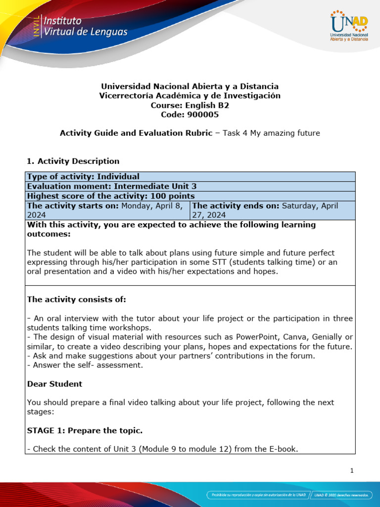 Activity Guide and Evaluation Rubric - Unit 3 - Task 4 - My Amazing Future | PDF | English ...