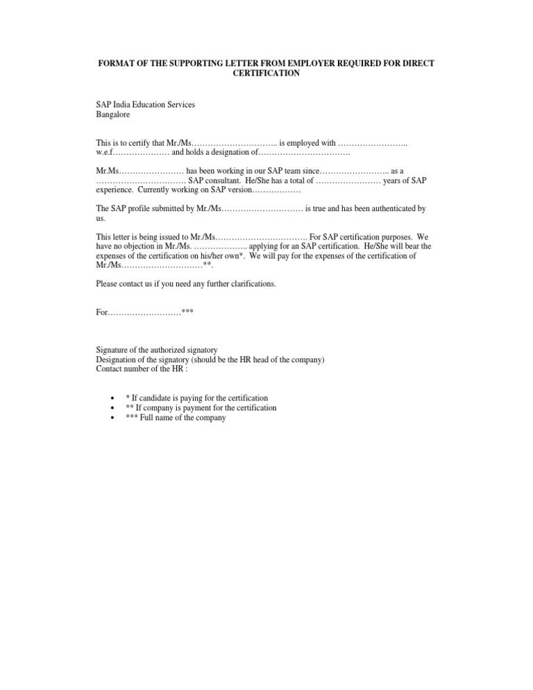 Format of The Supporting Letter From Employer Required For Direct ...