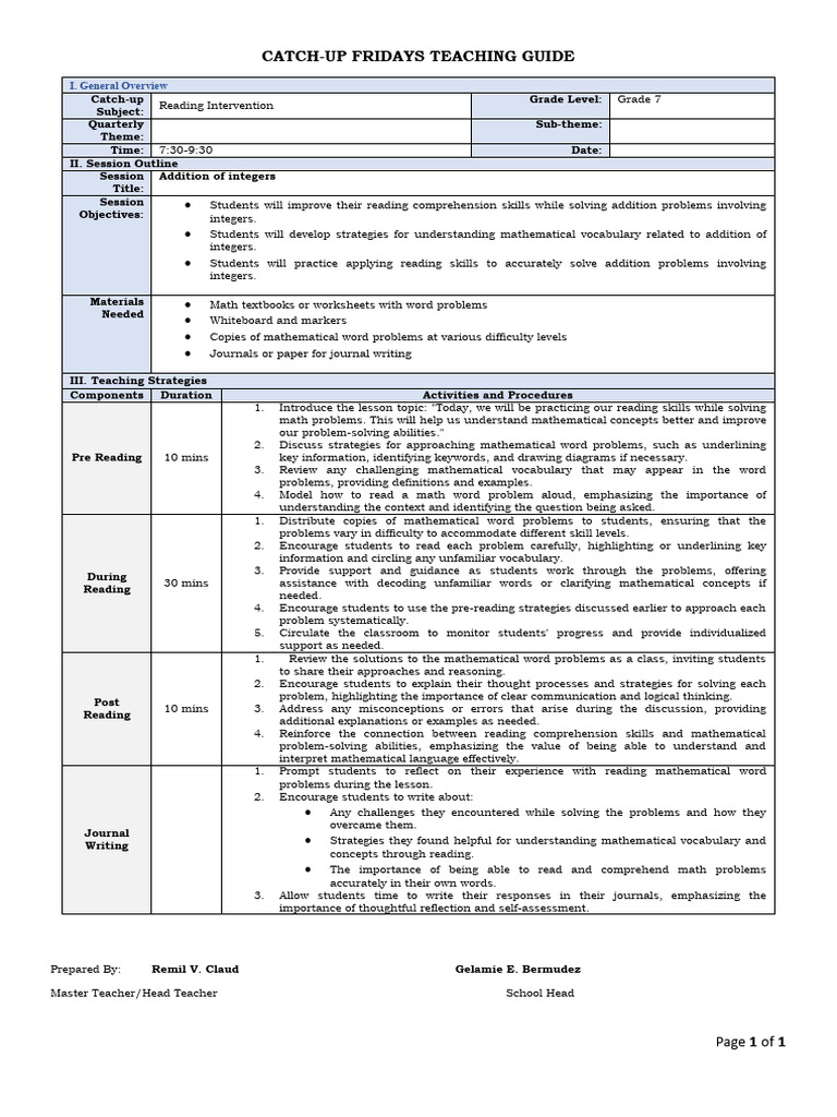 Catchup-Friday Addition of Integers | PDF | Reading Comprehension | Mathematics