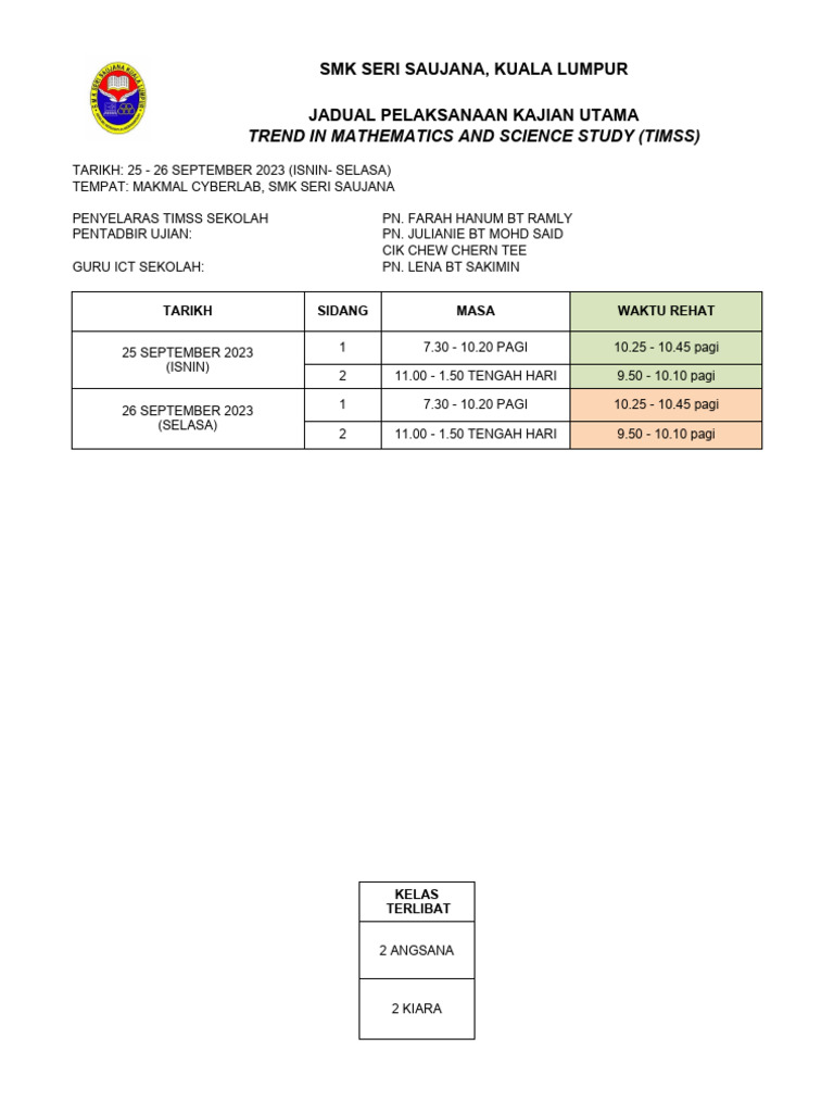 Jadual Waktu Timss 2023 | PDF
