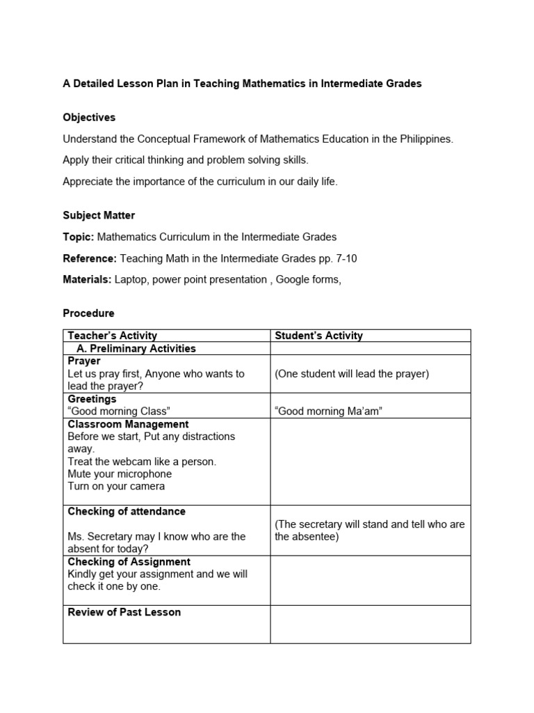 A Detailed Lesson Plan in Teaching Mathematics in Intermediate Grades ...