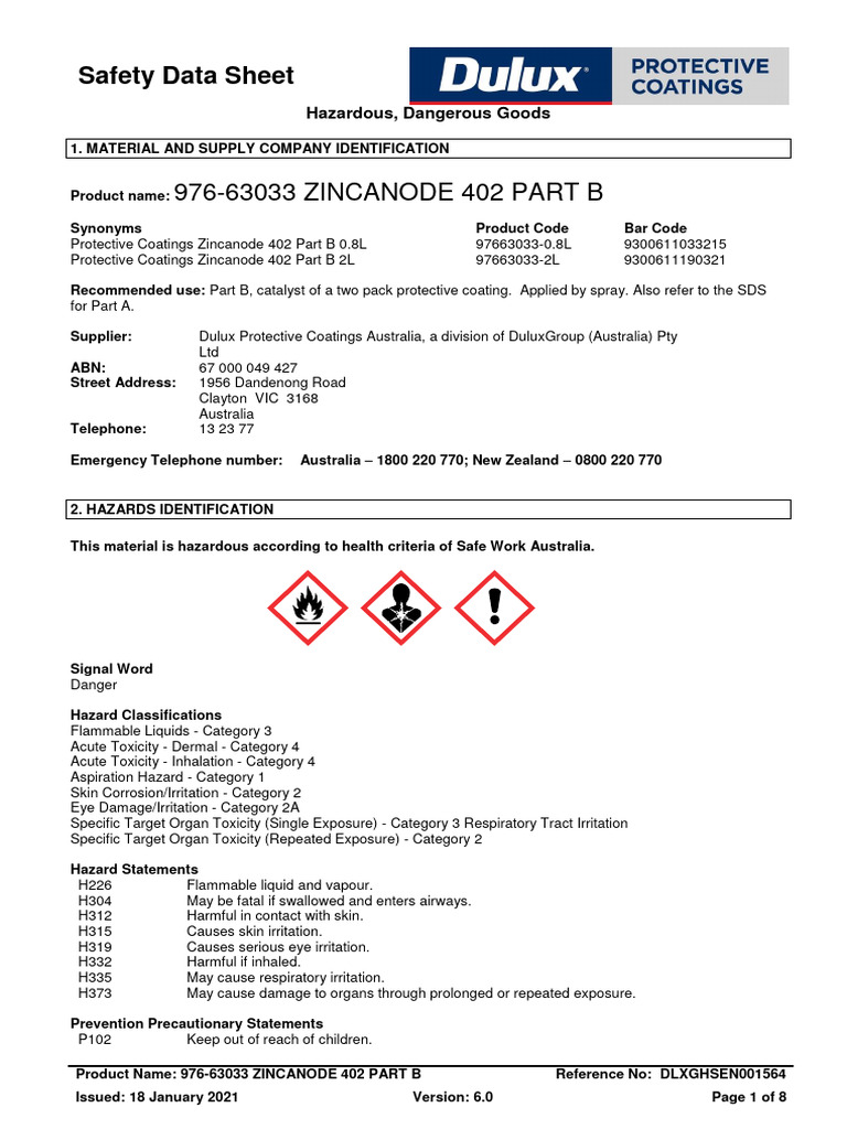 976-63033 Zincanode 402 Part B - Aus GHS | PDF | Personal Protective ...