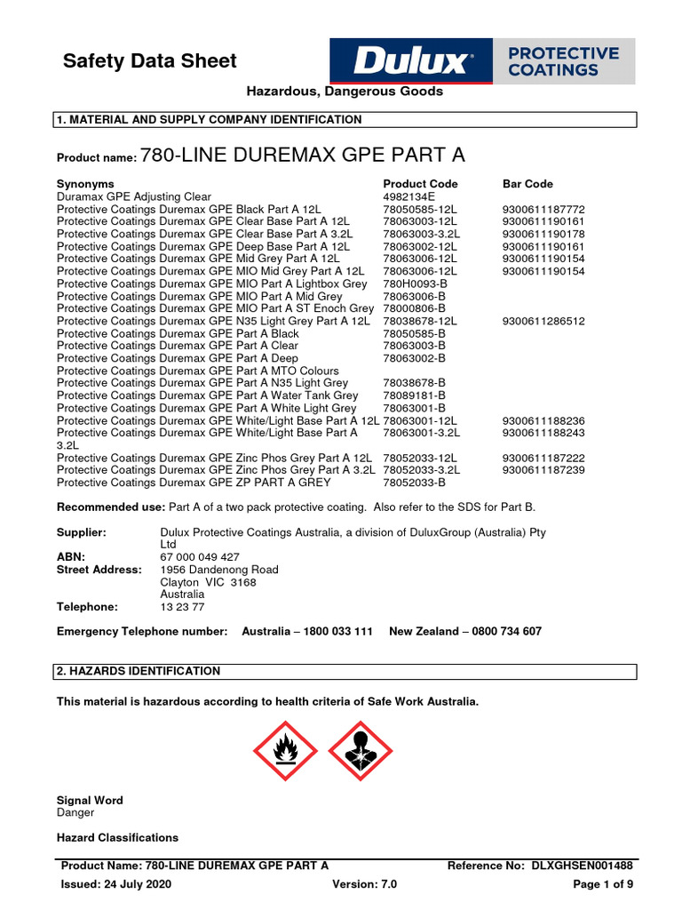 Duremax GPE Part A Safety Data Sheet | PDF | Dangerous Goods | Toxicity