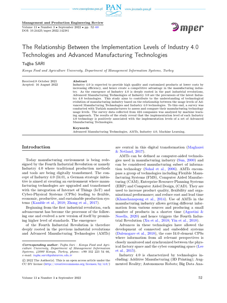 The Relationship Between The Implementation Levels of Industry 4.0 Technologies and Advanced ...