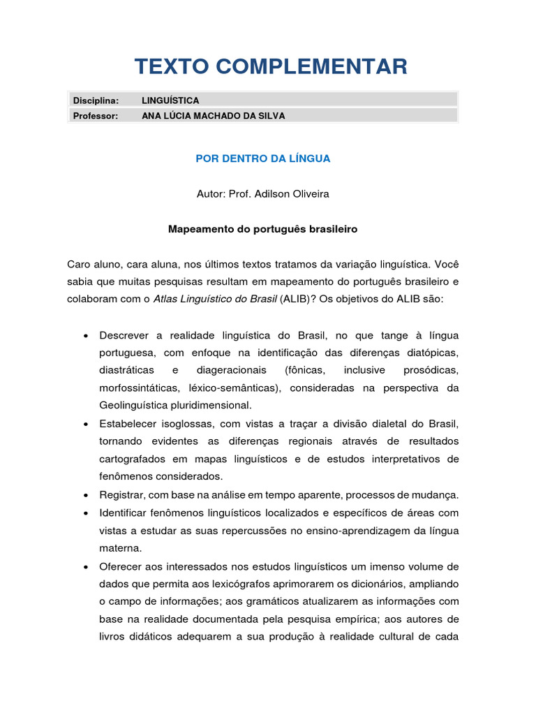 Texto Complementar - PDF LINGUISTICA | PDF | Linguística | Dialeto