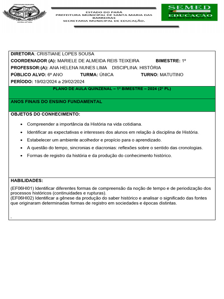 Plano de Aula Quinzenal Hist 6° Ano - 1º Bim. 2023 | PDF | Tempo | Science