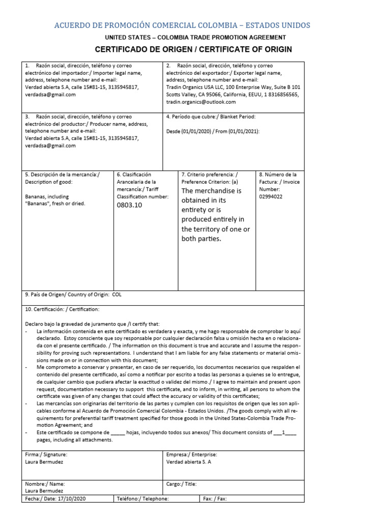 Certificado de Origen | PDF