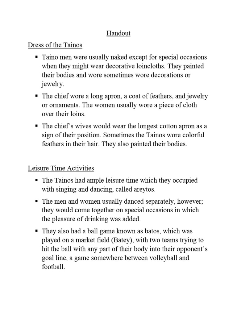 The Tainos Dress, and Leisure Time Activities Grade 9 Handout 2023 | PDF