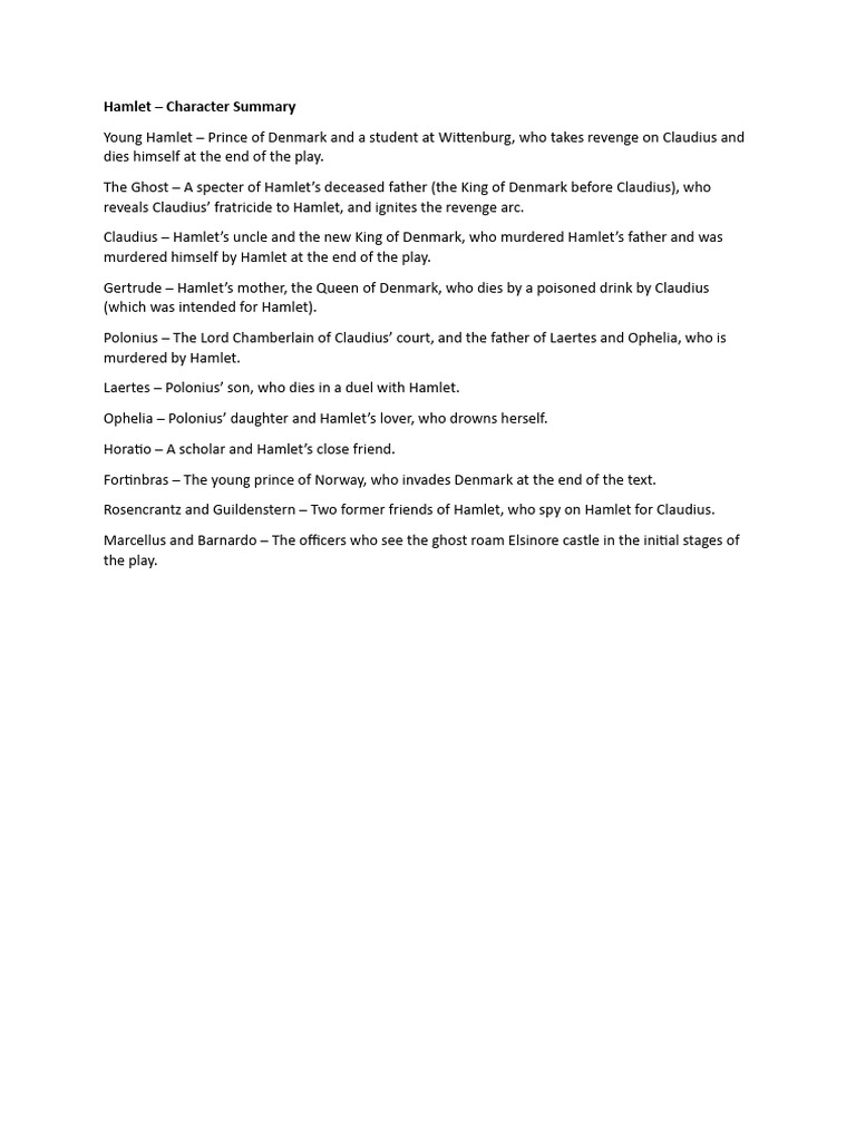 Hamlet - Character Summary | PDF | Classics