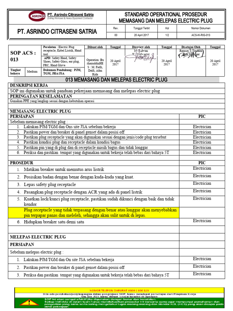 SOP ACS 013 Memasang dan melepas Electric Plug | PDF