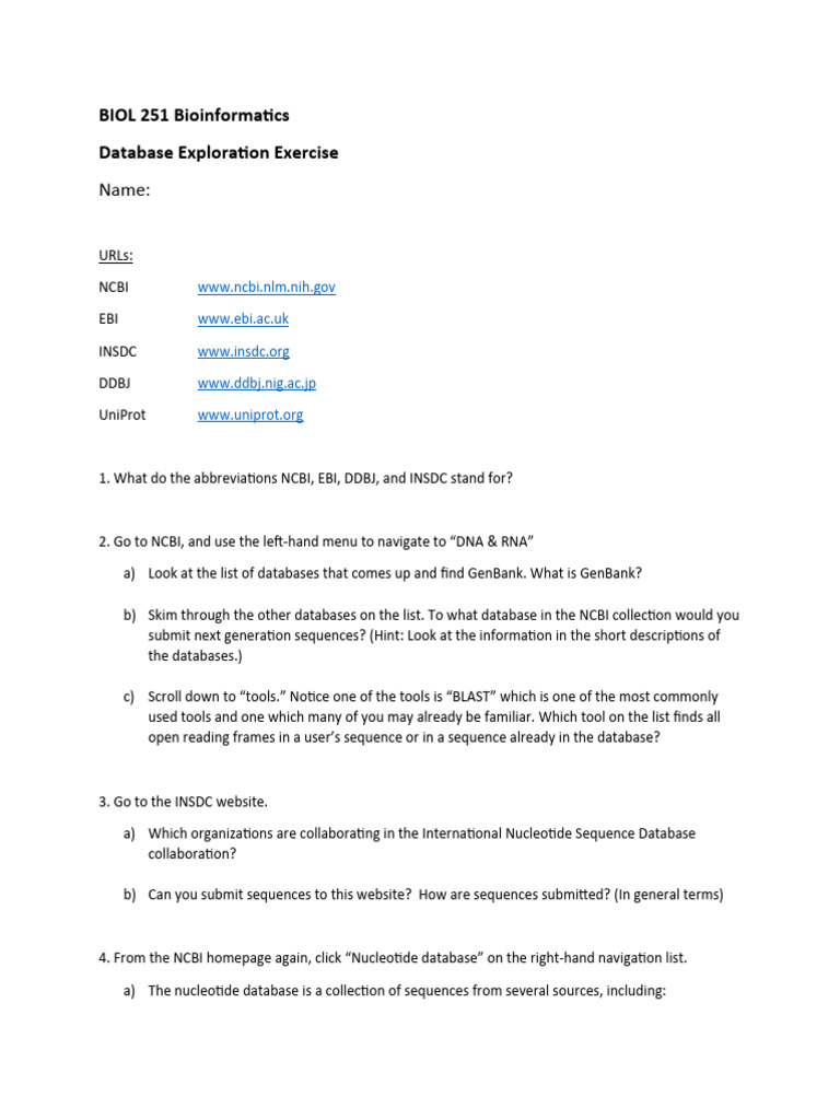 Databases Exercise | Download Free PDF | National Center For Biotechnology Information ...