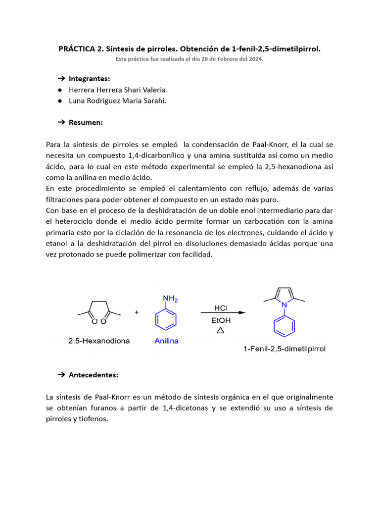 Informe 3. Sintesis de pirroles | PDF | Química Orgánica | Química