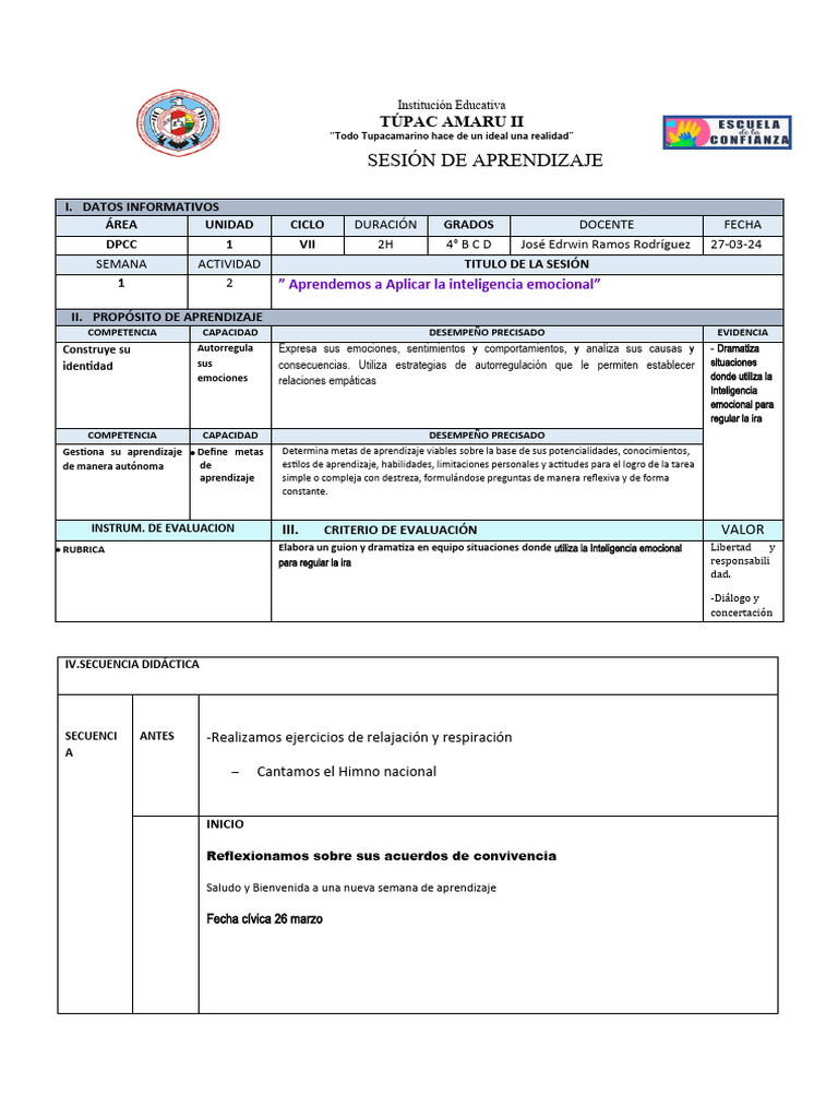 Sesion 2 Unidad 1 4º A B C Dpcc 2024 Pdf Las Emociones Ira 4186