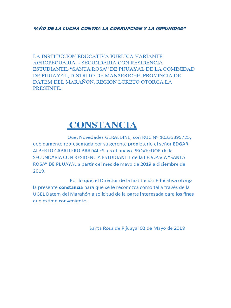 Carta De Constancia De Proveedor/carta De Constancia Domiciliar