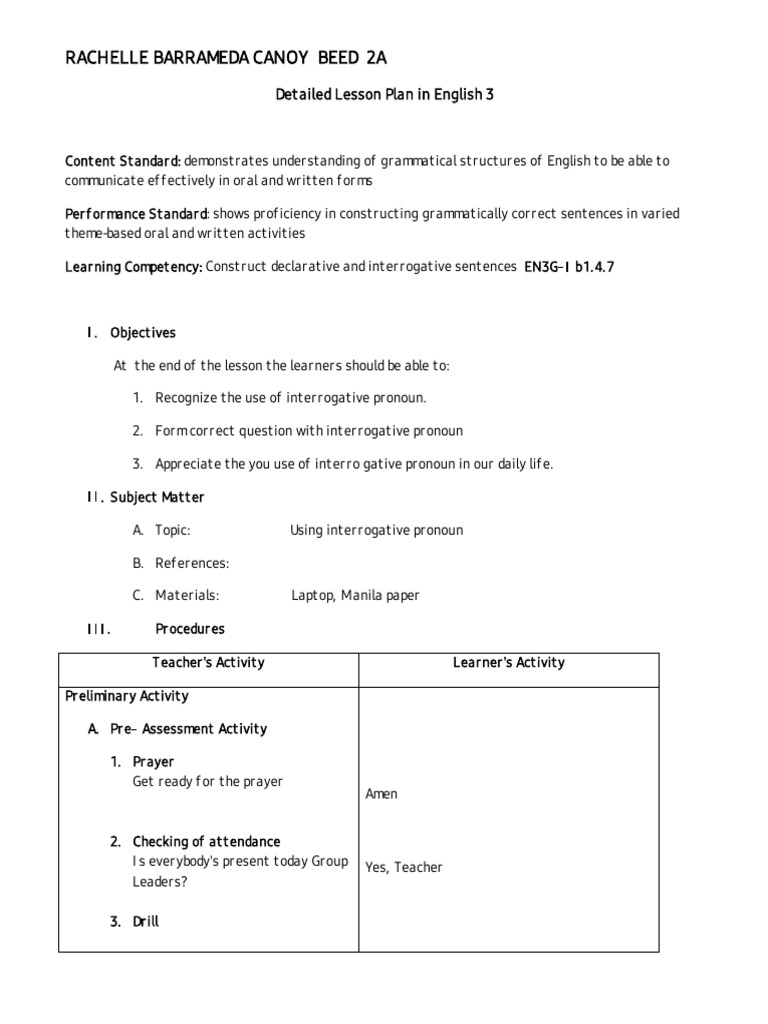 TTL2 LESSON PLAN CANOY-eng | PDF | Pronoun | Question TTL2 LESSON PLAN CANOY-eng | PDF | Pronoun | Question