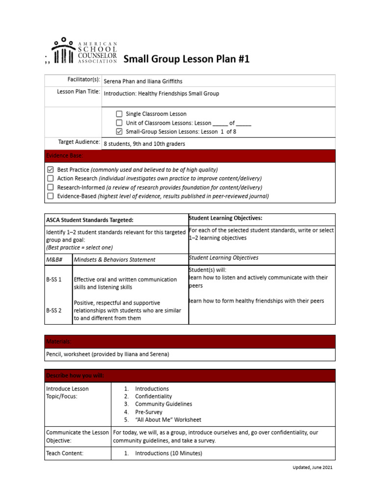 Small Group Lesson Plan Session 7-Combined | PDF | Self Esteem | Lesson ...