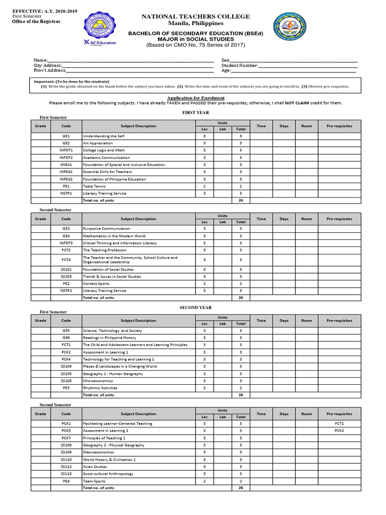 BSEd Social Studies Enrollment Form | PDF | Curriculum | Behavior ...