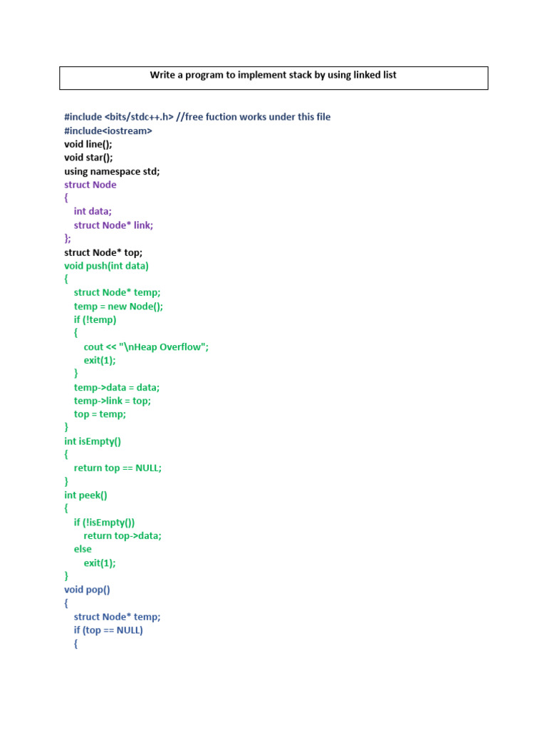 Code For Impelementing Stack by Using Linked List | PDF | Object Oriented Programming | Computer ...