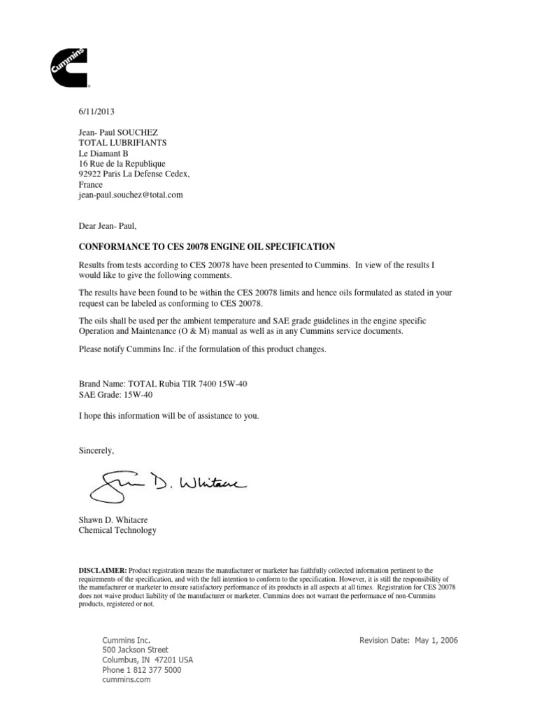 TOTAL Rubia TIR 7400 15W-40 LH CUMMINS CES 20078 D130 (2013) | PDF