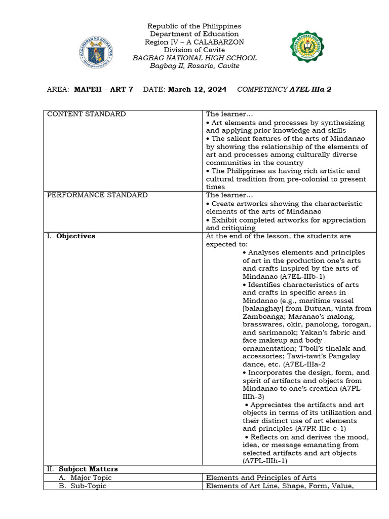 Detailed Lesson Plan in Art Grade 7 Q3 L2 | PDF | Liberal Arts Education | Behavior Modification