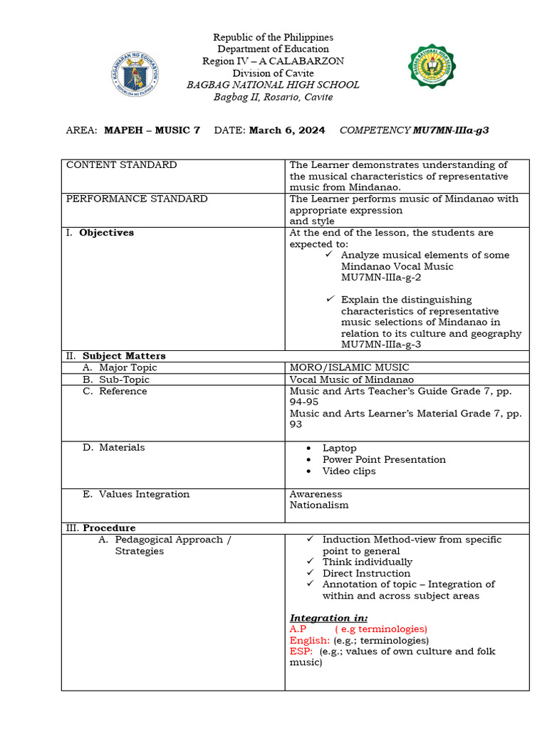 Detailed Lesson Plan in Music Grade 7 Q3 L3 | PDF | Musical ...