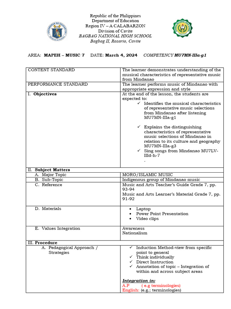 Detailed Lesson Plan in Music Grade 7 Q3 L1 | PDF | Learning | Lesson Plan