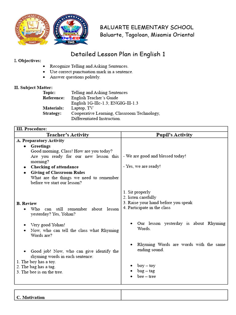 English 1 Telling and Asking Sentences | PDF | Lesson Plan | Teachers
