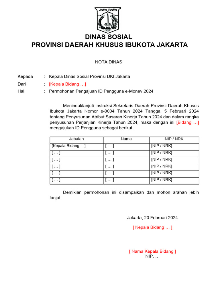 Template Nota Dinas Pengajuan ID Pengguna Monev 2024 | PDF