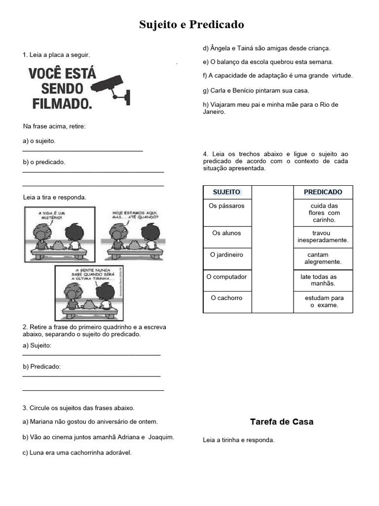 Sujeito e Predicado 8 Ano (Adaptada) | PDF | Assunto (gramática) | Predicado (gramática)