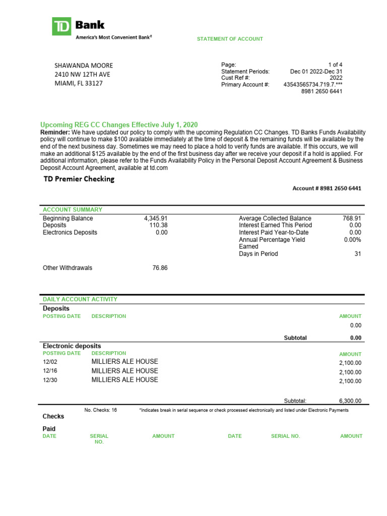 TD Bank Statement USA BankStatements - Net | PDF | Debit Card | Overdraft