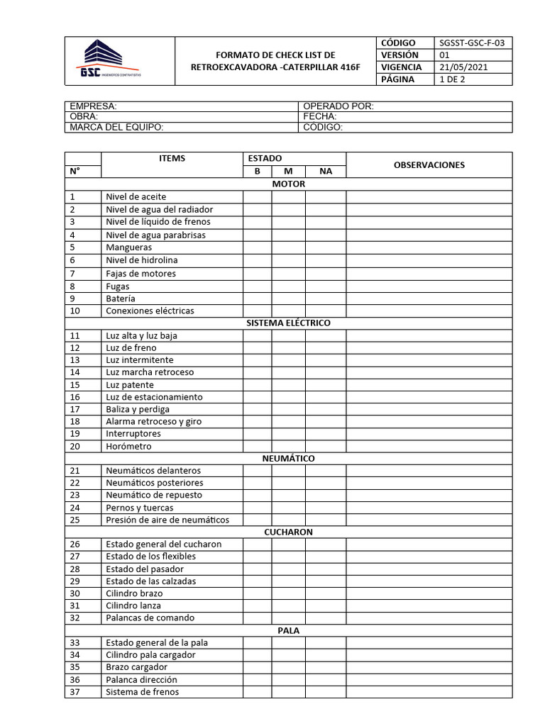 Check List de Equipos | PDF | Neumático | Tecnología de vehículos
