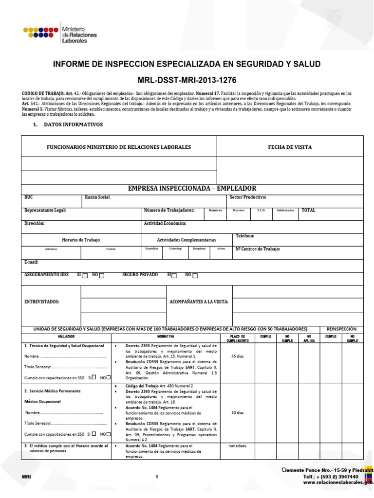 Formato Inspeccion Sso MDT | PDF | Derecho laboral | Regulación