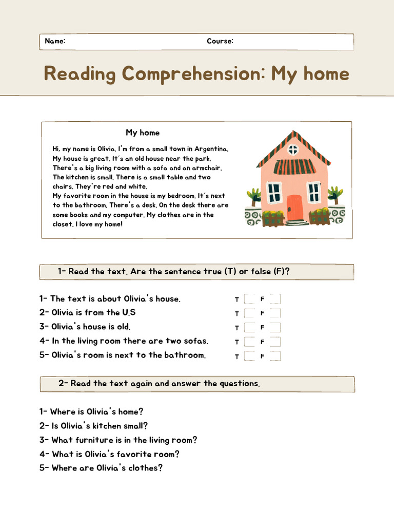 Cream and White Illustrative Reading Comprehension My Home Worksheet ...