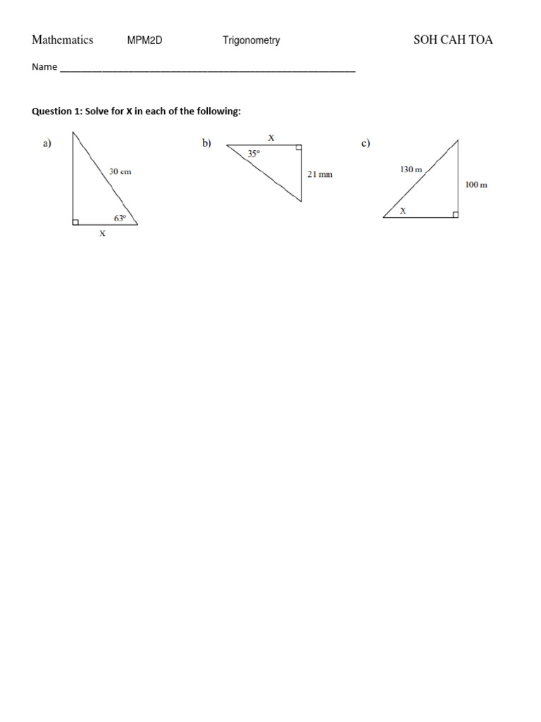 SOH CAH TOA Trigonometry Questions | PDF