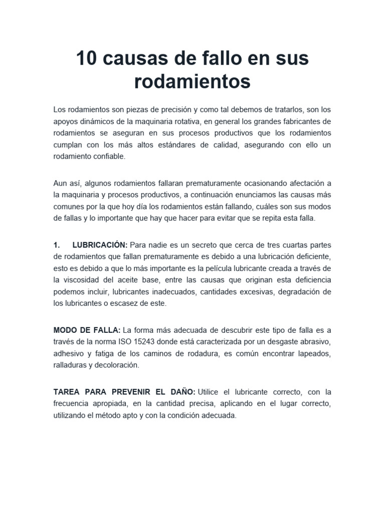 10 Causas Comunes de Fallo en Rodamientos | PDF | Lubricante | Ingeniería mecánica