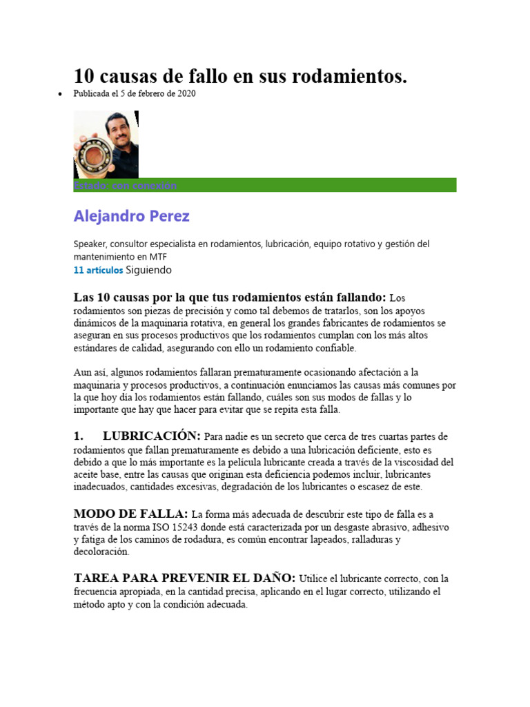 Diez Causas de Fallo en Sus Rodamientos - Parte 1 | PDF | Materiales | Ingeniería mecánica