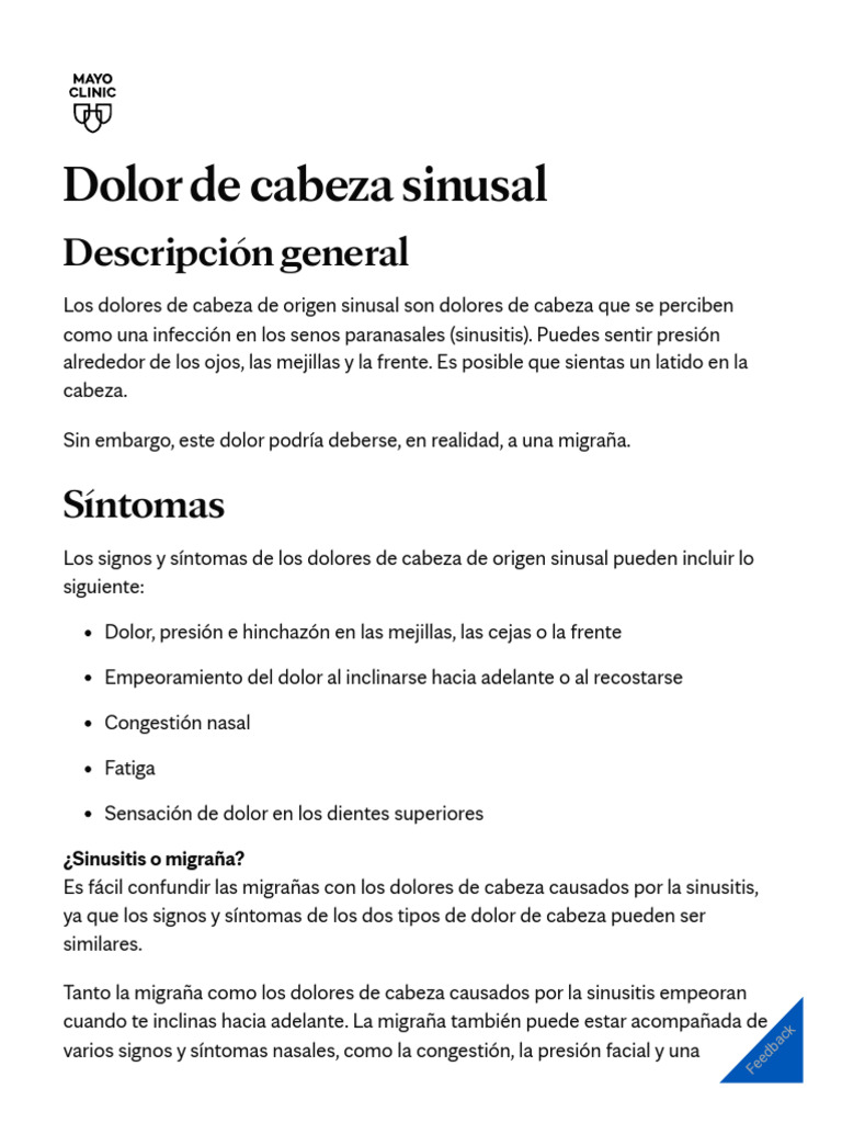 Dolor de Cabeza Sinusal - Síntomas y Causas - Mayo Clinic (1) | PDF ...