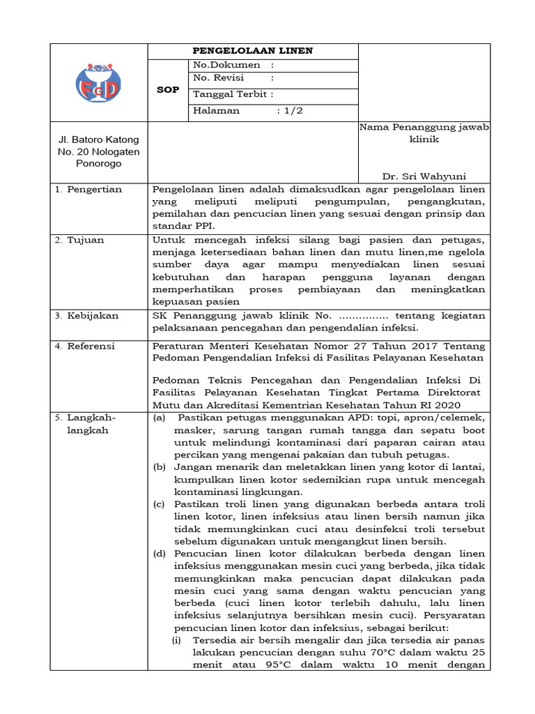 Sop Pengelolaan Linen | PDF