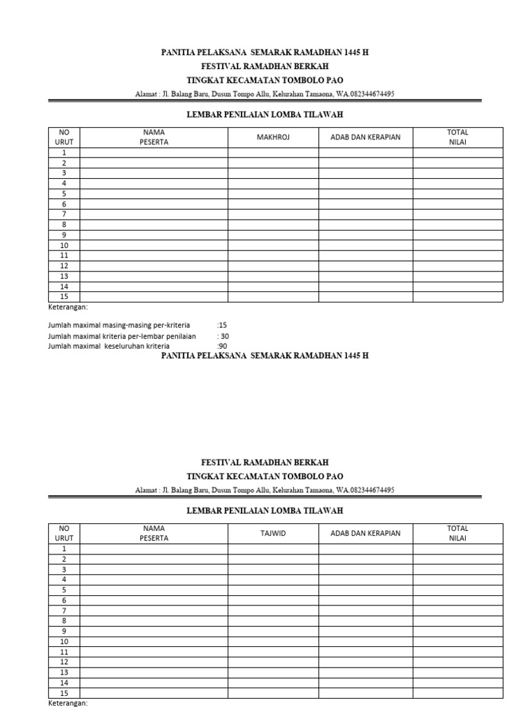 Format Daftar Penilaian Lomba Festival Ramadhan 2024 | PDF