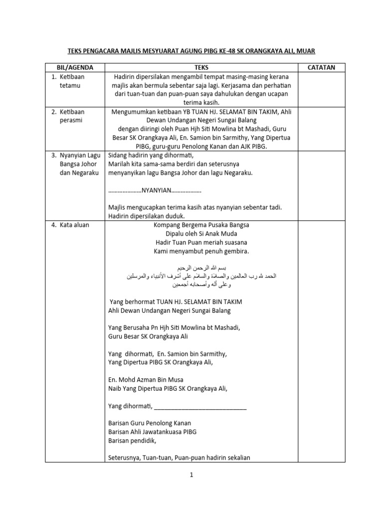 Teks Pengacara Majlis Mesyuarat Agung Pibg Ke | PDF