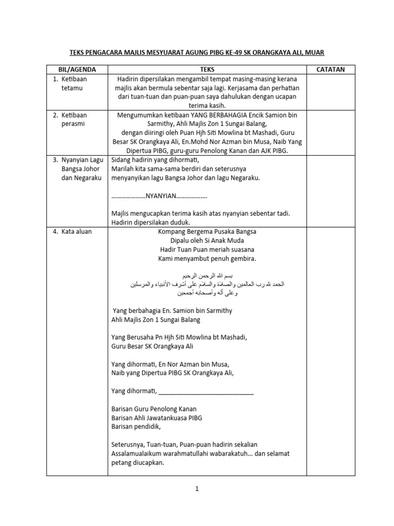 Teks Pengacara Majlis Mesyuarat Agung Pibg 2023 | PDF