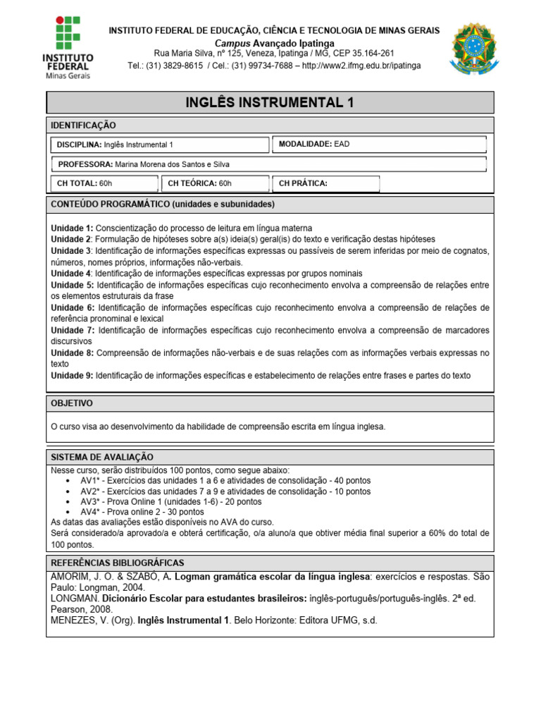 Ementa Inglês Instrumental | PDF | Linguística