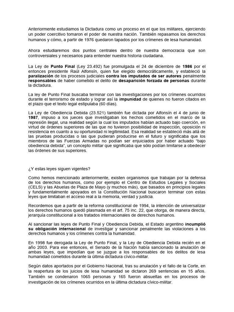 APUNTE - Ley de Punto Final y Obediencia Debida | PDF | Crímenes contra la humanidad | Justicia