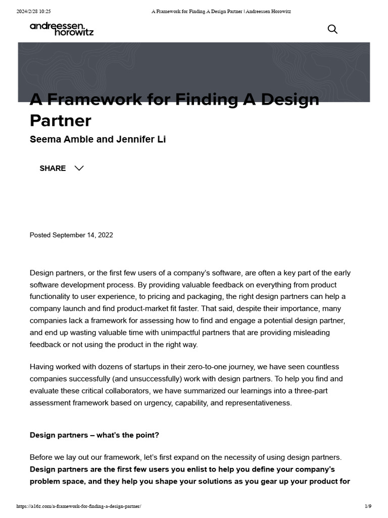 A Framework For Finding A Design Partner - Andreessen Horowitz | PDF ...