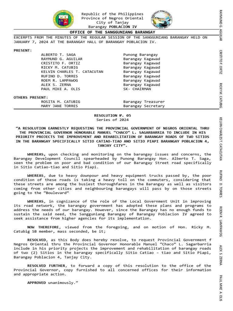 Resolution for Road Improvement in Poblacion IV | PDF | Government ...